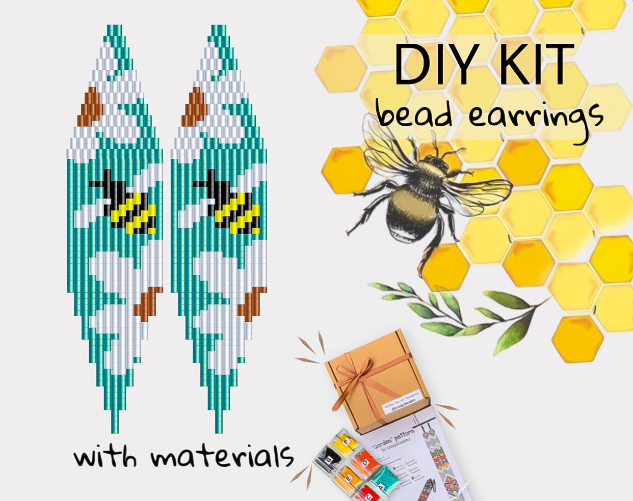DIY Kit White Daisy Flower Bee Brick Stitch Earrings, Seed Bead Honey ...