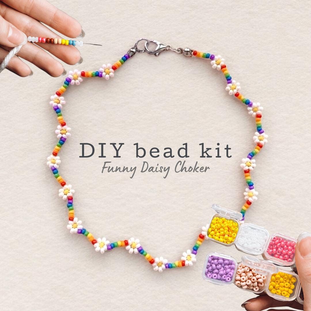 DIY Bead Daisy Choker Kit, Rainbow Beadwork Necklace With White Flower ...