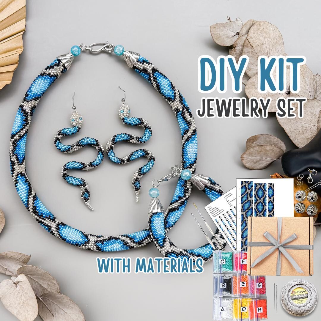 KIT Bead Ice Blue Snake Jewelry Set Necklace Bracelet Earrings, Bead ...