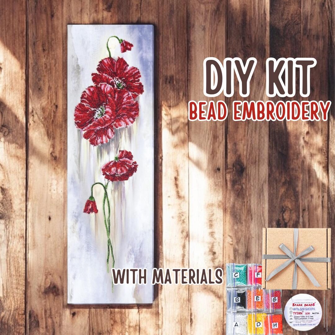 DIY Bead Red Poppies Embroidery Kit, Garden Floral Hoop Embroidery Kit ...