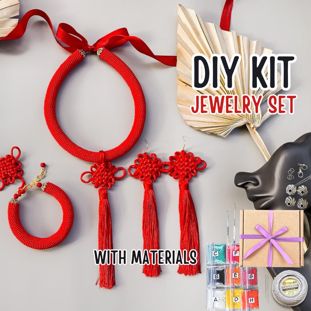 DIY KIT Pan Chang Knot Necklace Bracelet Earrings Set Chinese Knot ...
