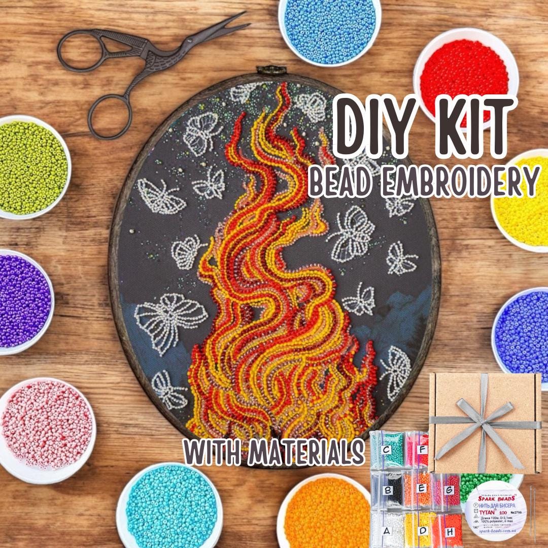 DIY Fire Butterflies Bead Embroidery Kit on Art Canvas, White ...