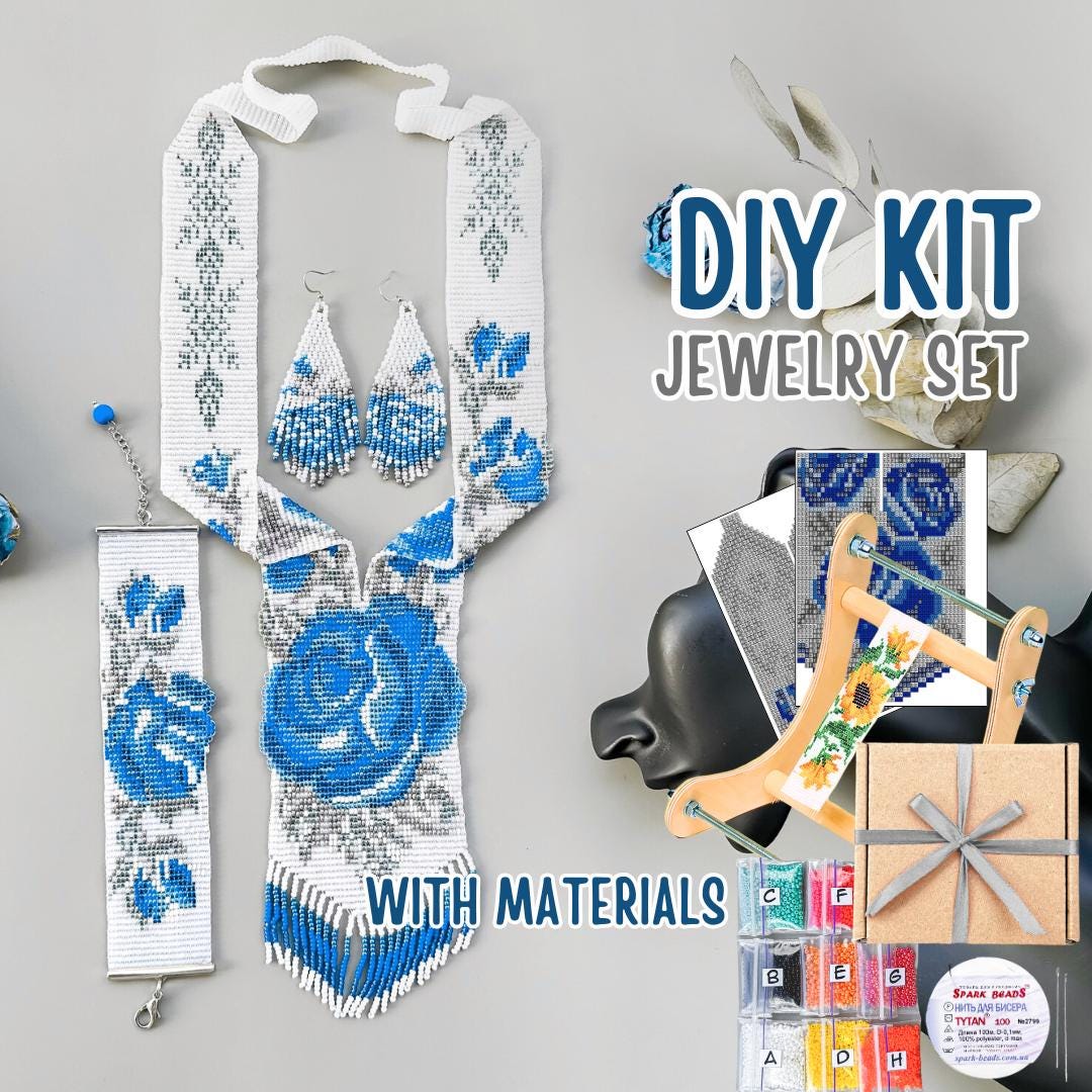 DIY Bead Loom Jewelry Set Kit With Blue White Roses, Floral Necklace ...