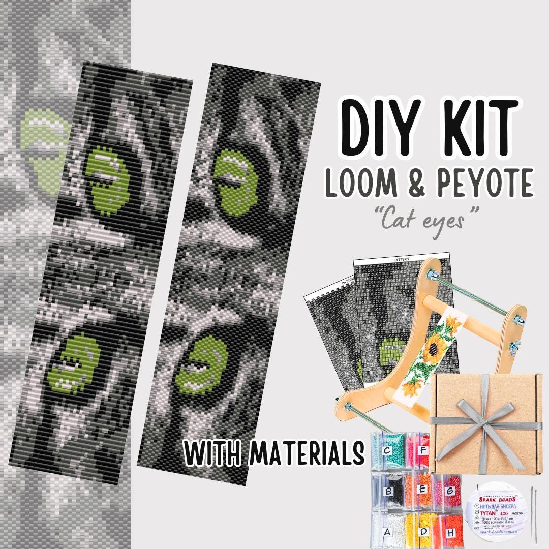 KIT to Make White Green Eye Cat Loom or Peyote Bead Bracelet, DIY ...