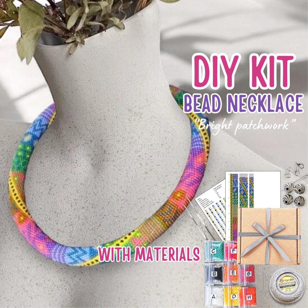 DIY Beading KIT Pink Patchwork Necklace, Beginner Bead Crochet Rope ...