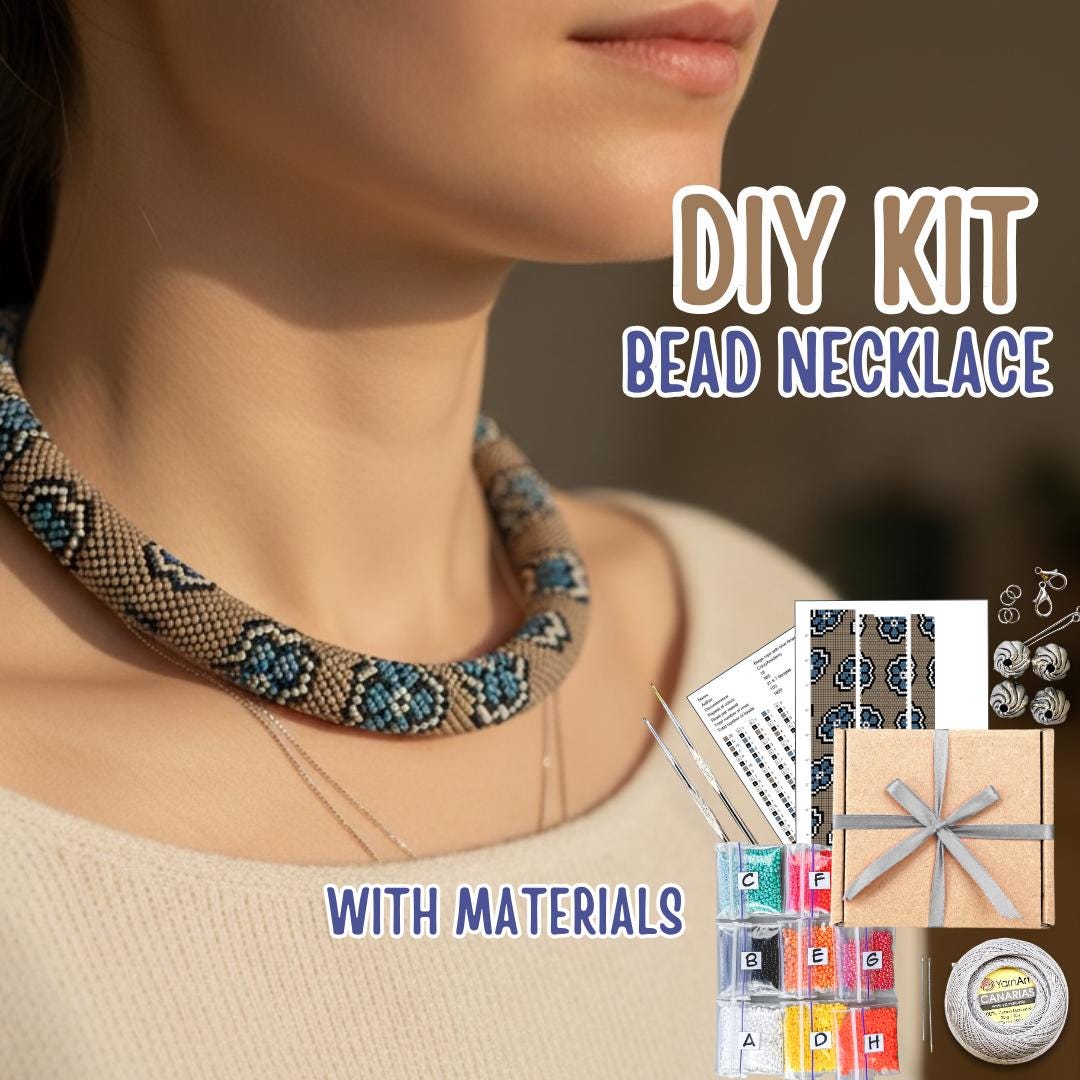 DIY Blue Flowers Beadwork Necklace Kit, Beige Bead Crochet Rope Kit ...