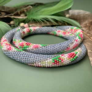 DIY Tea Rose Bead Crochet Rope Necklace Kit - Gray Pink Flower Pattern ...