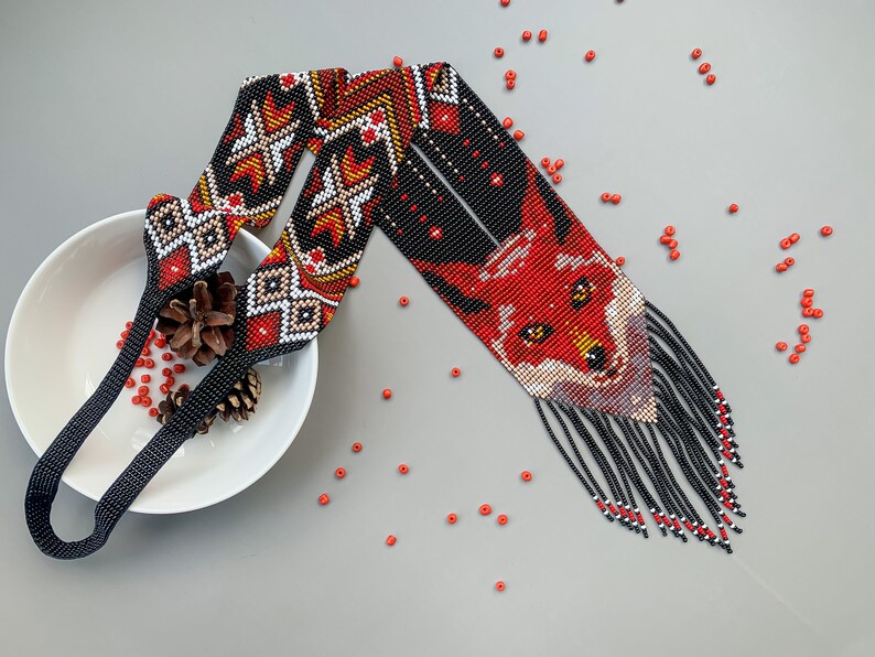 DIY Kit Native Red Fox Beaded Gerdan Pattern - Red Loom Bead Necklace ...