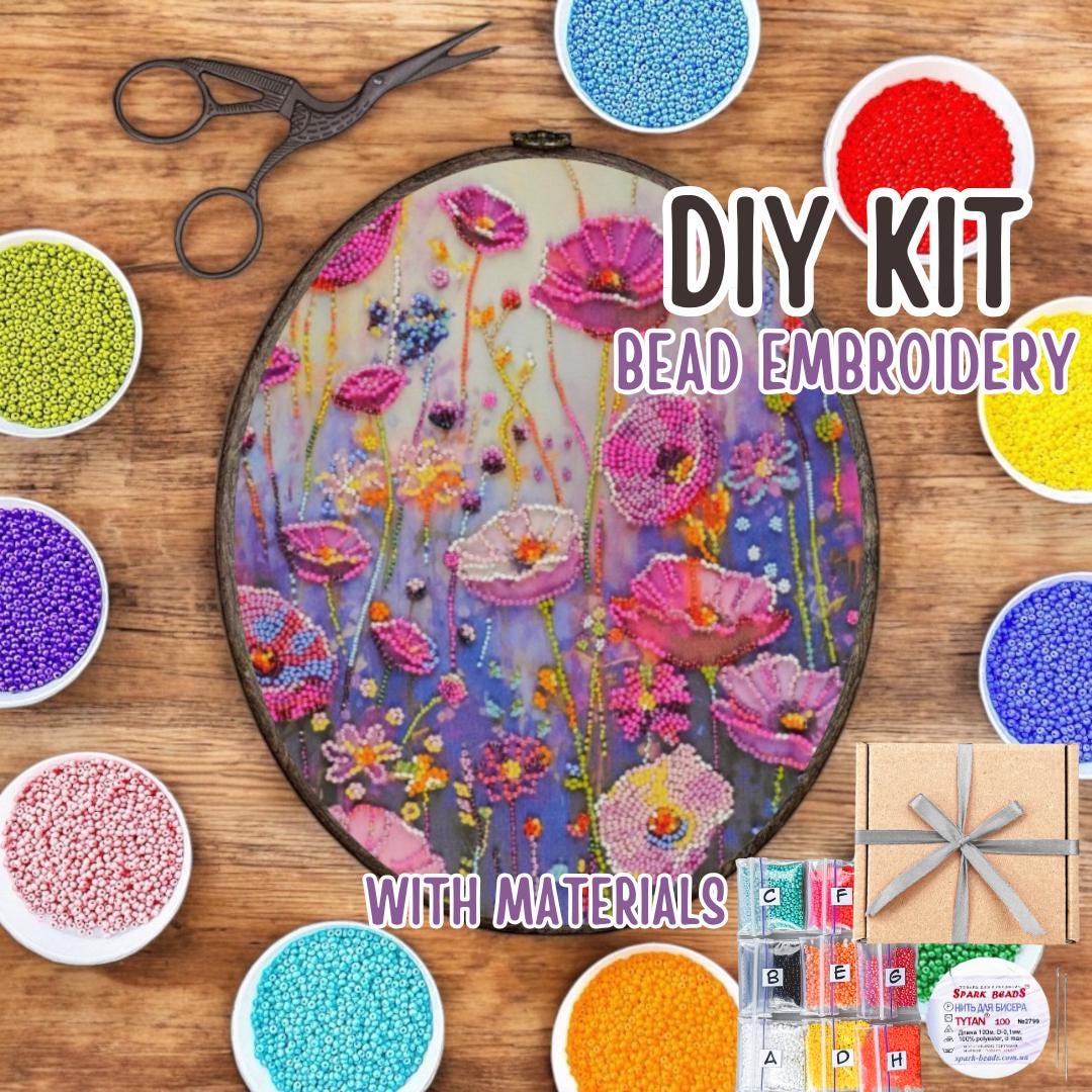 DIY Field Poppies Bead Embroidery Kit, Blue Pink Flowers Poppy ...