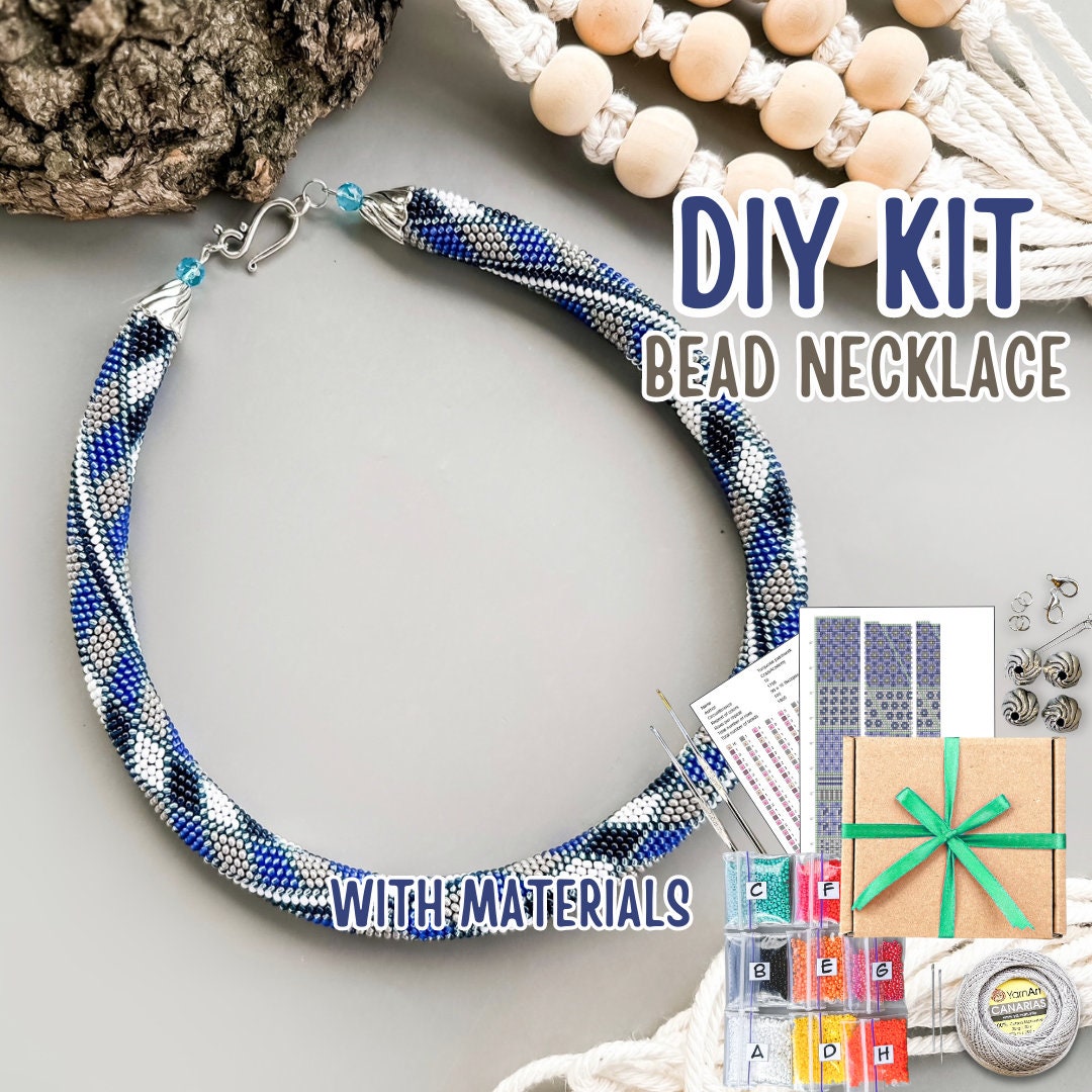 DIY KIT Blue Gray Geometric Bead Crochet Necklace, Crochet Necklace ...