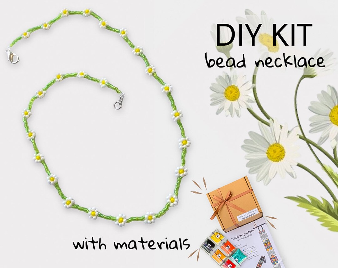 DIY Bead Daisy Necklace Kit, Beadwork Green White Flower Tutorial ...
