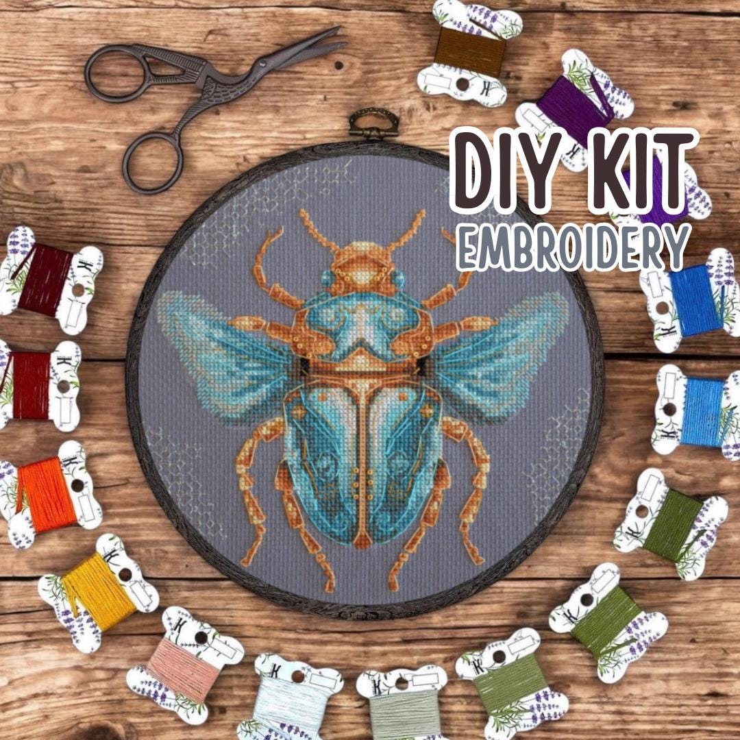 DIY Scarab Embroidery Kit, Azure Beetle DIY Kit, Bug Embroidery Pattern ...