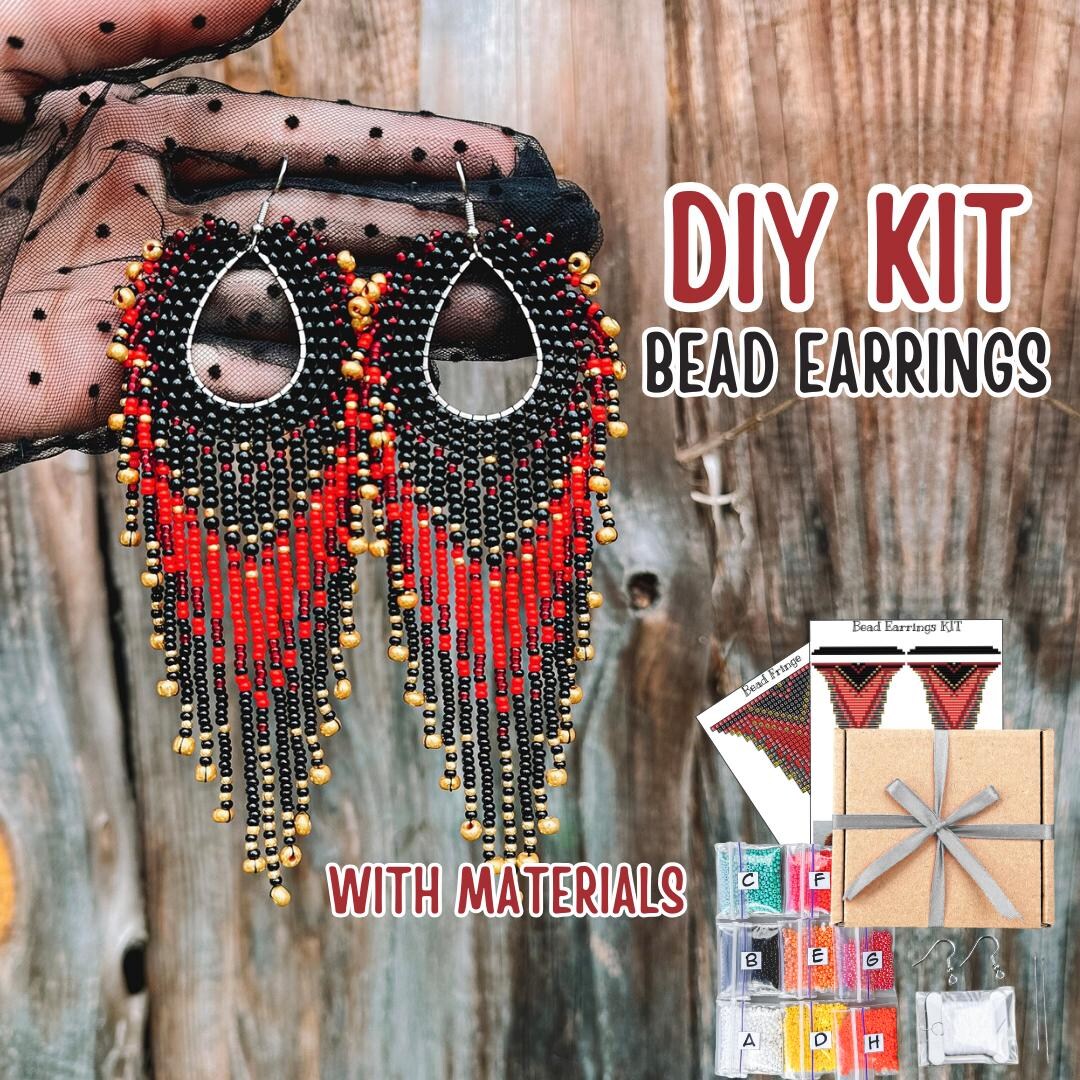 DIY Red Black Peacock Feather Bead Fringe Earrings Kit, Bead Pattern ...