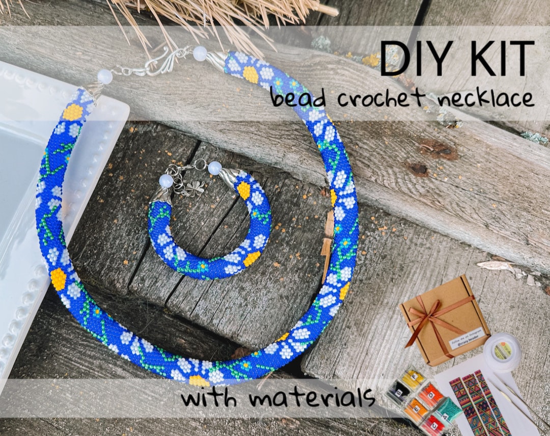 DIY Daisy Flower Bead Necklace Kit, KIT to Make Blue Crochet Rope ...