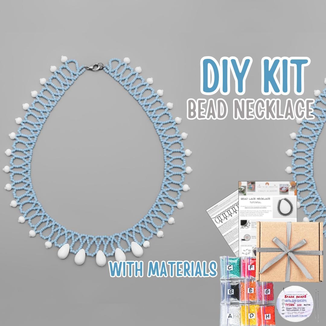 DIY Blue White Beaded Collar Necklace Kit, Seed Bead Lace Statement ...