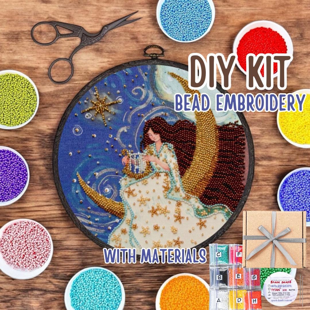 DIY Andromeda Bead Embroidery Kit on Art Canvas, Gold Moon Stars Night ...