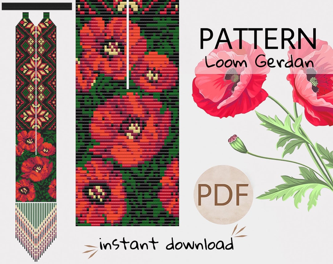 PDF Beaded Red Poppies Flower Gerdan Pattern, Beadweaving Loom Folk Art ...