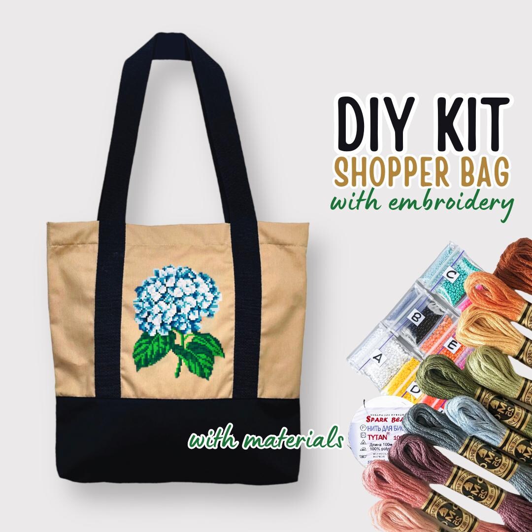 DIY Shopper Bag Kit With Blue Flowers, Floral Bead Embroidery Handbag ...