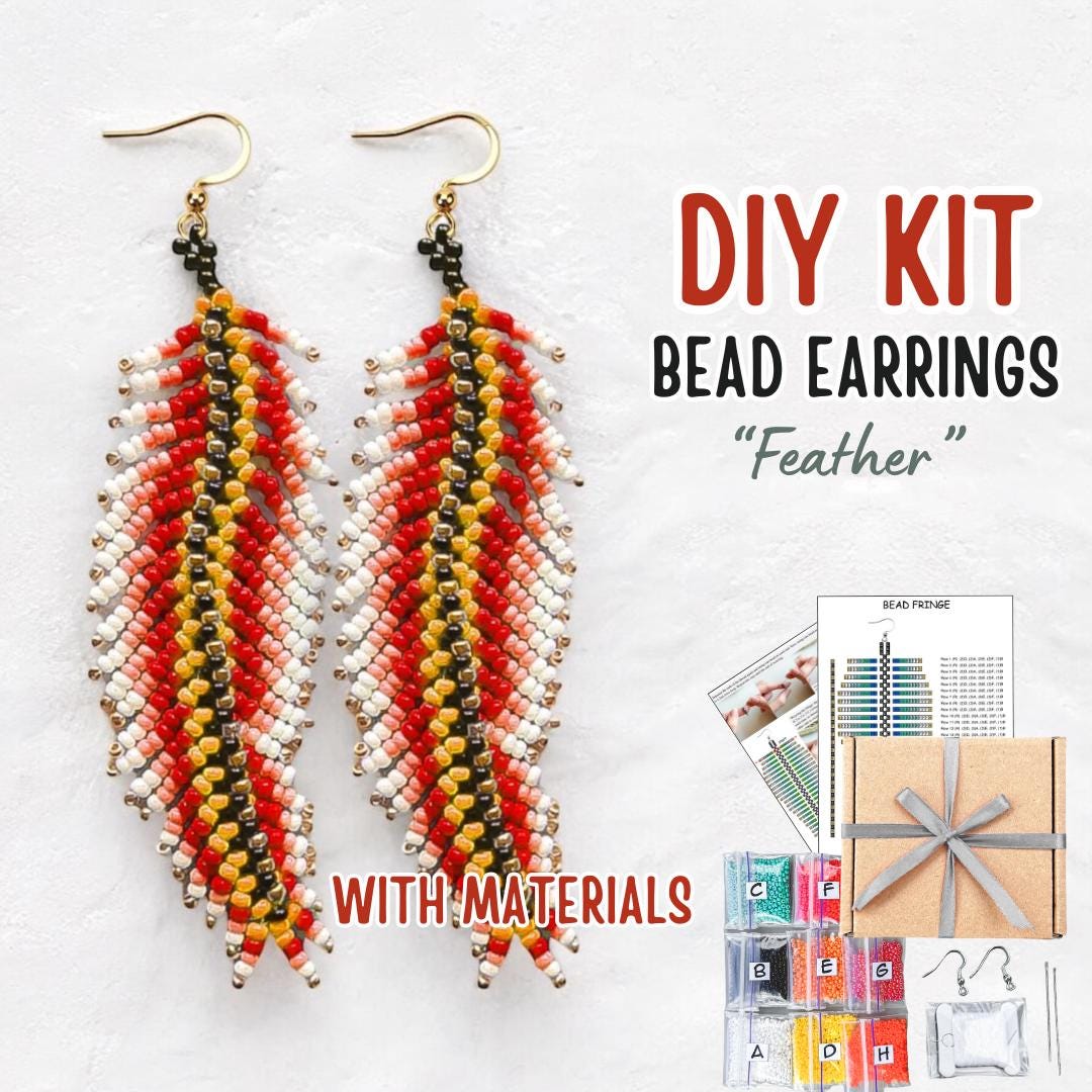 DIY Kit American Native Red Bead Feather Fringe Earring Kit, Ethnic Red ...
