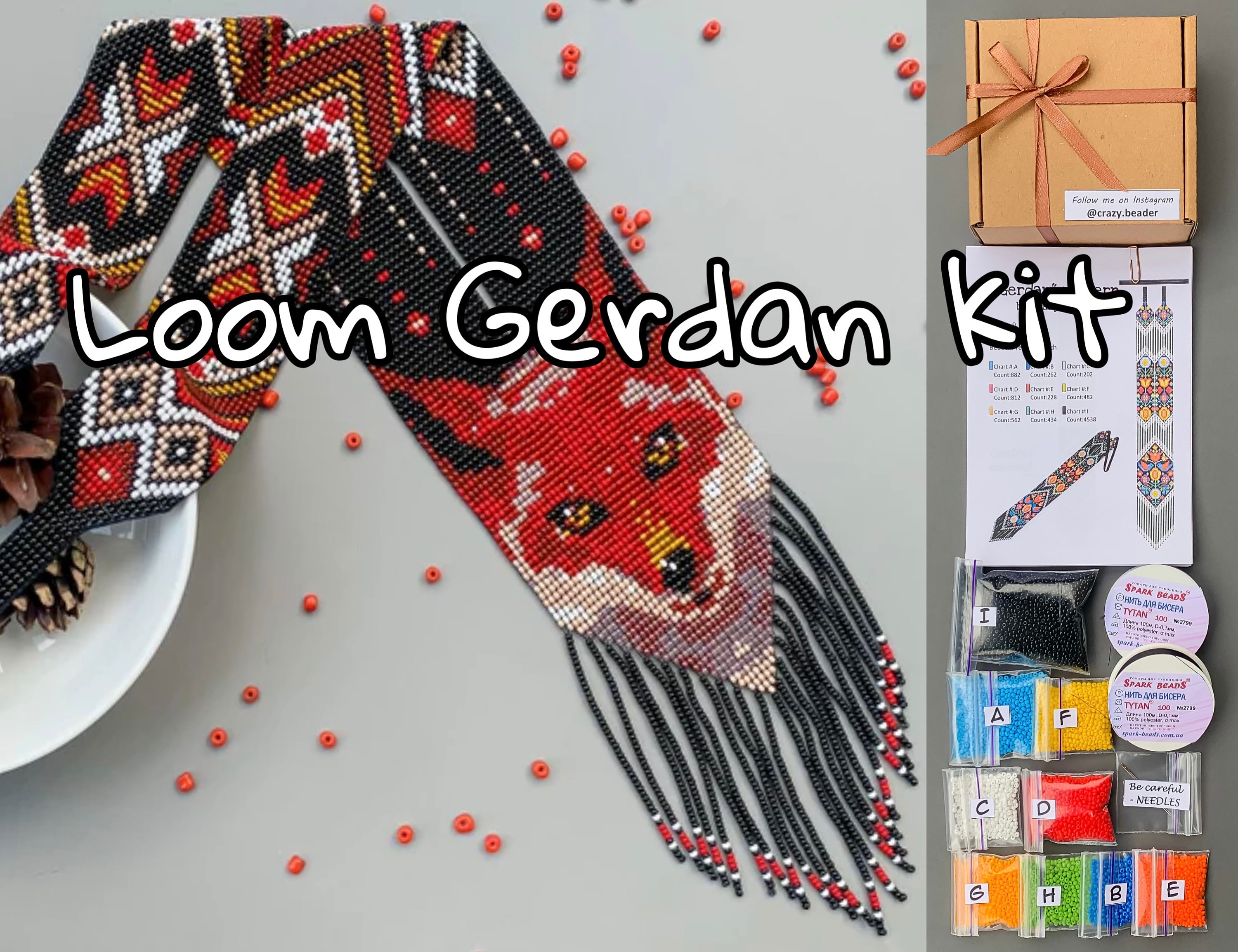DIY Kit Native Red Fox Beaded Gerdan Pattern - Red Loom Bead Necklace ...
