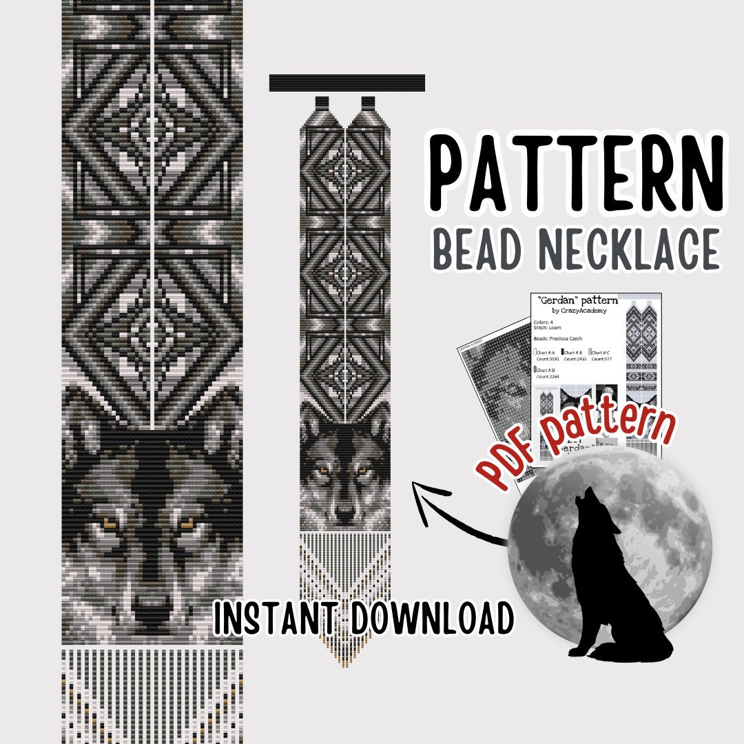 PDF Pattern Wild Wolf Bead Geometric Gerdan Necklace, Black Gray Loom ...