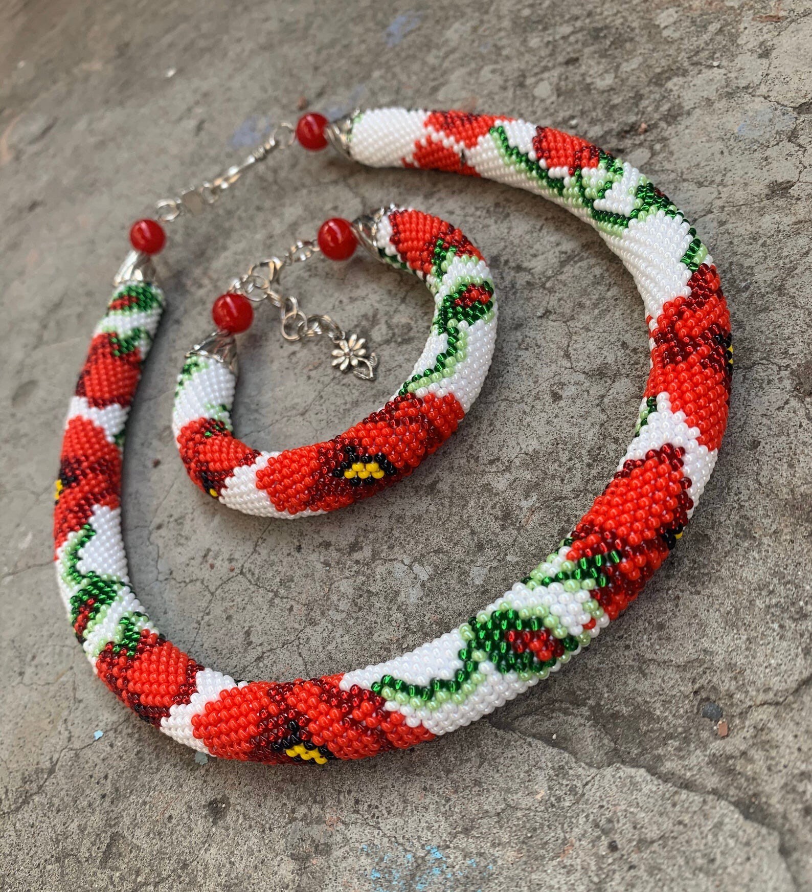 KIT to Make Bead Crochet Rope Necklace Red Poppies Flowers - Crochet ...