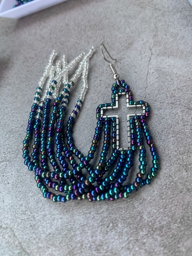 DIY Kit to Make Blue Cross Fringe Beading Earrings - Long Cross ...