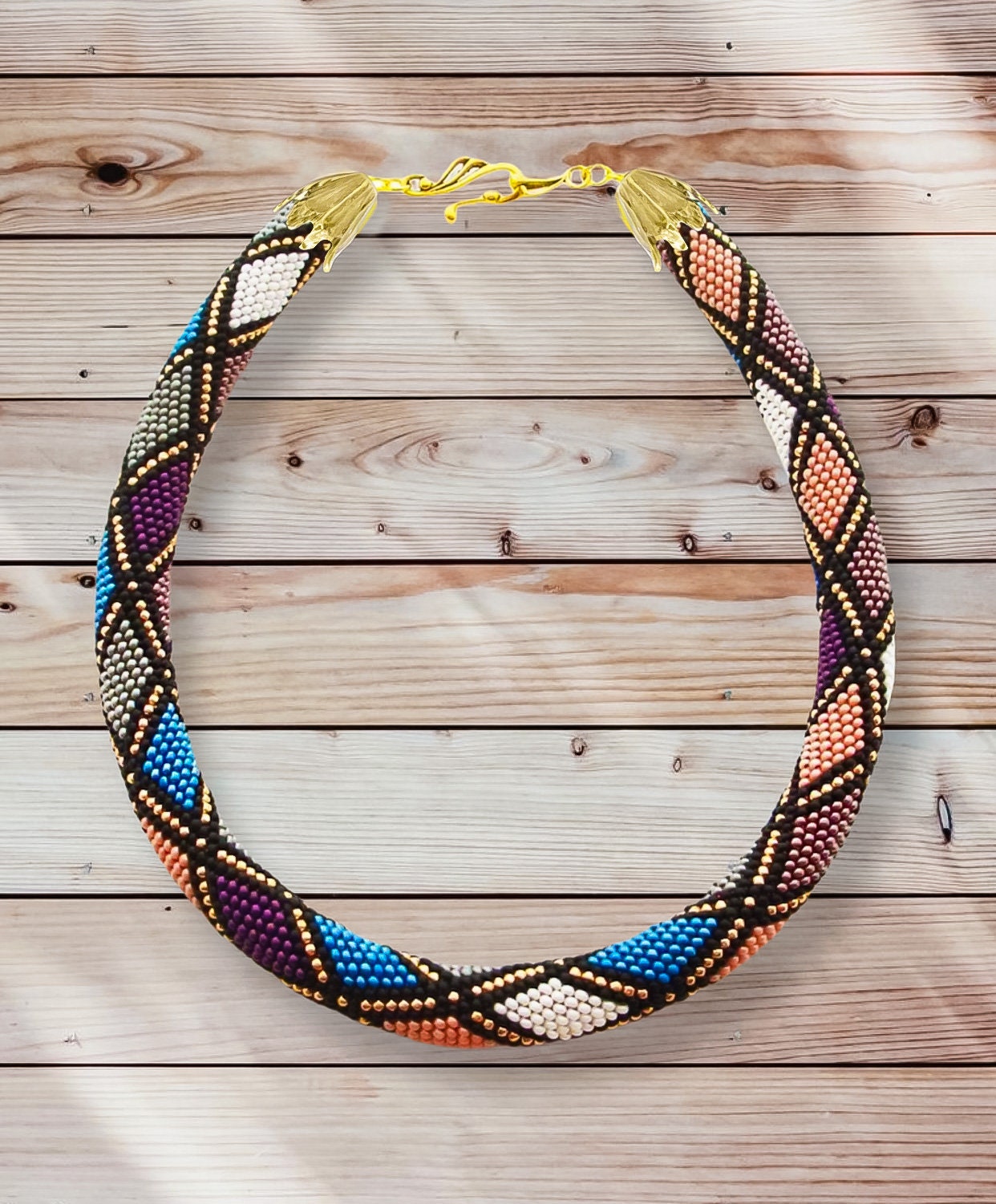 DIY KIT Caramel Rhombus Bead Crochet Necklace - Crochet Necklace ...