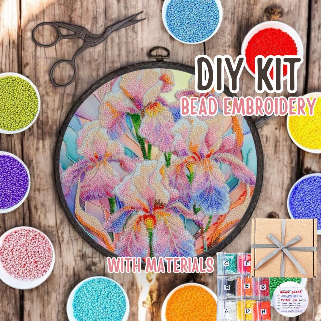 DIY Iris Bead Embroidery Pattern, Iris Flower Botanical Art, Pink ...