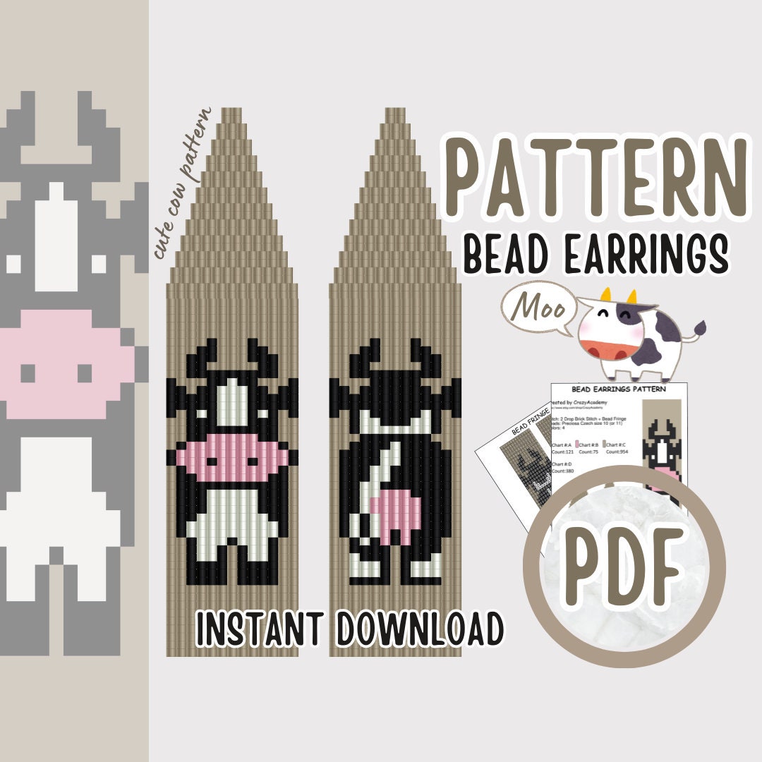 PDF Pattern to Make Cow Animal Bead Fringe Earrings, Bead Animal ...