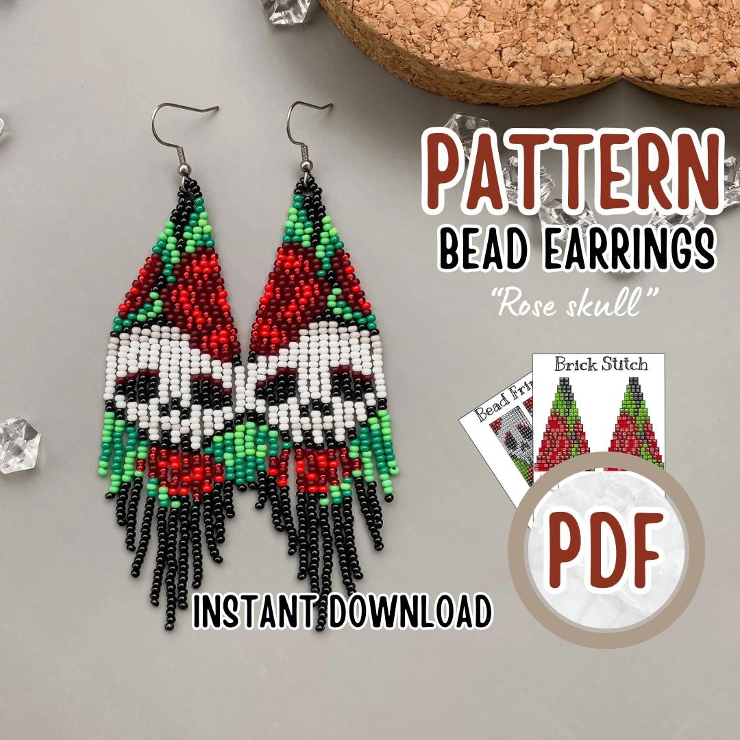 PDF Beaded Skull Fringe Earrings Pattern - Halloween Bead Rose Skull ...