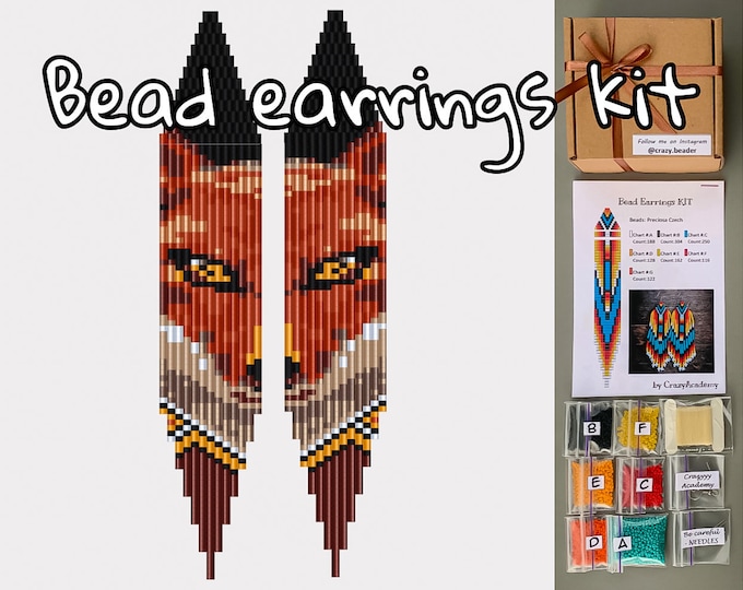 DIY Kit Black Red Fox Fringe Beading Earrings, Wild Animal Fox Earring ...