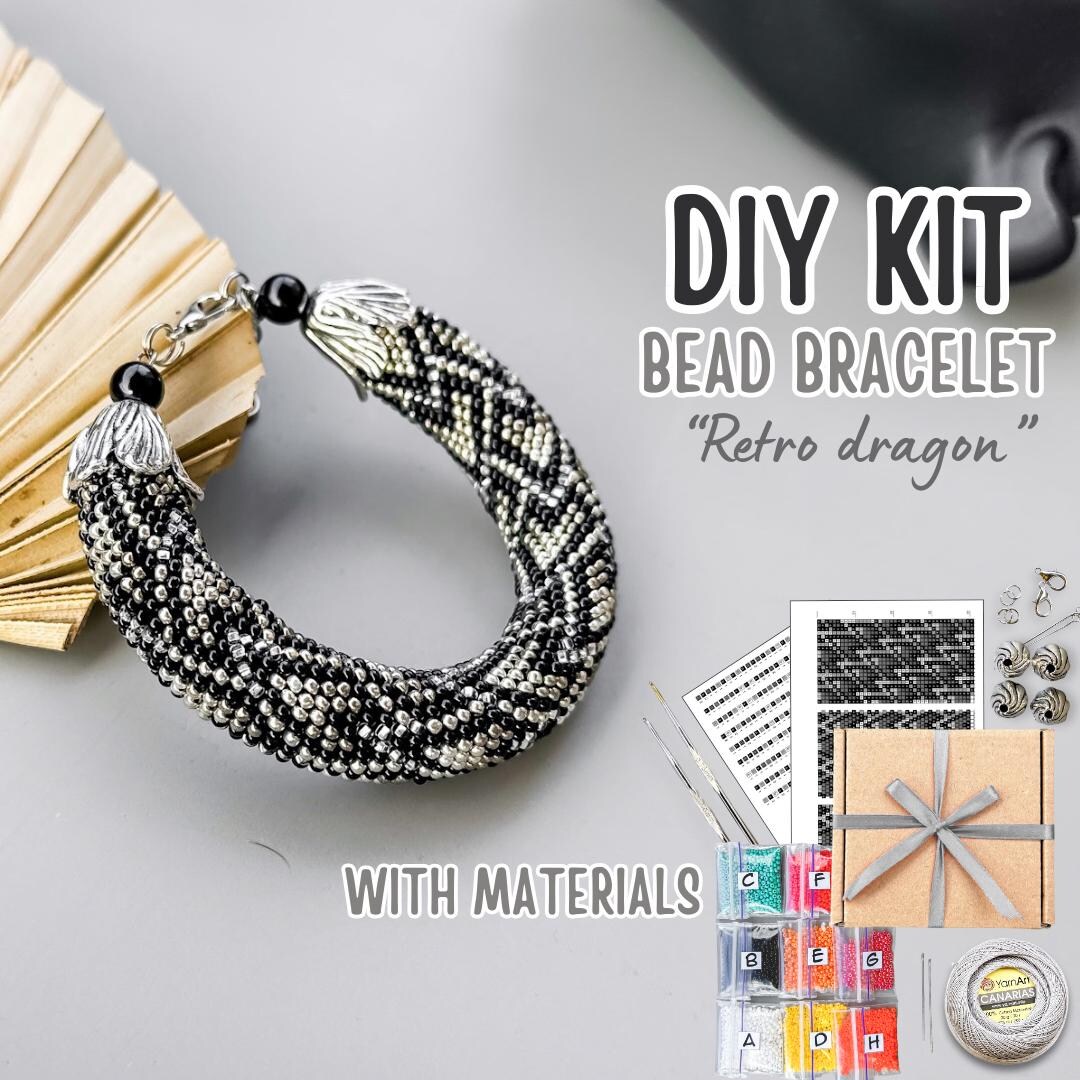 DIY KIT Black Silver Dragon Skin Bead Crochet Bracelet, Handmade ...