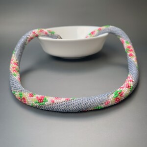 DIY Tea Rose Bead Crochet Rope Necklace Kit - Gray Pink Flower Pattern ...