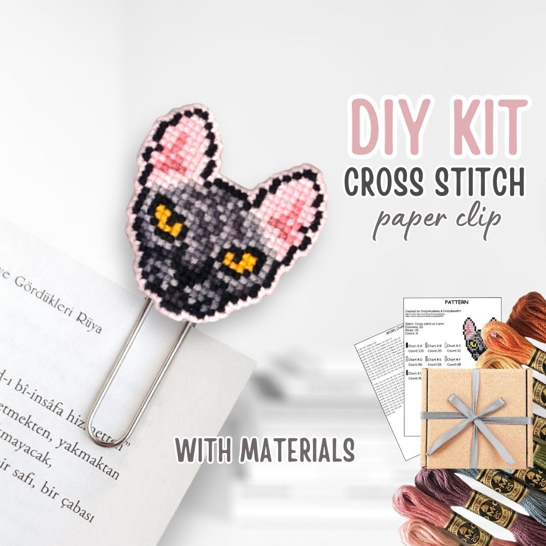 DIY Sphynx Cat Paper Clip Kit, Cross Stitch Bookmark KIT, Beginner Craft Cat Embroidery, Modern ...