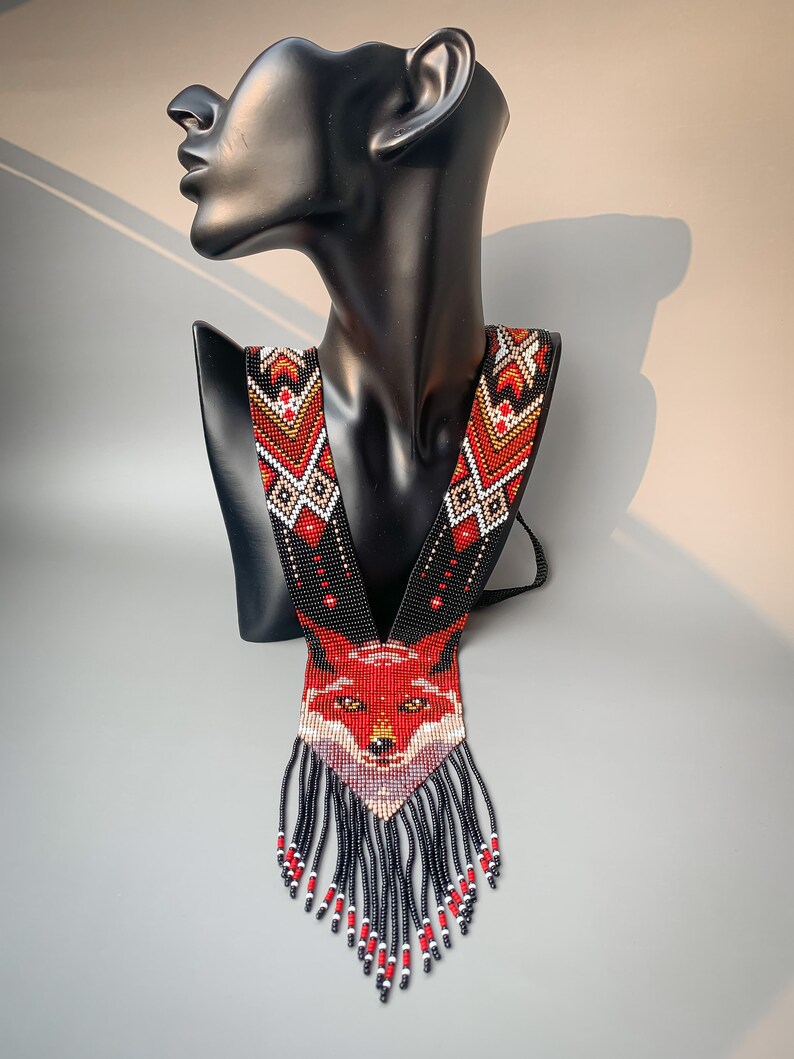 DIY Kit Native Red Fox Beaded Gerdan Pattern - Red Loom Bead Necklace ...