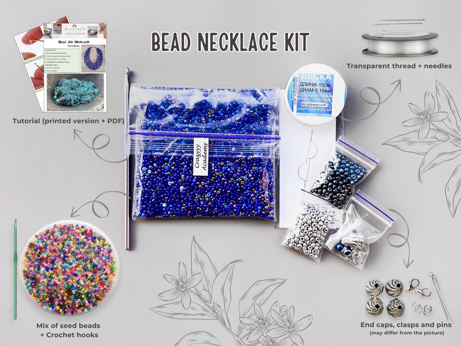 DIY KIT to Make Airy Bead Crochet Necklace - Black Silver Multistrand ...