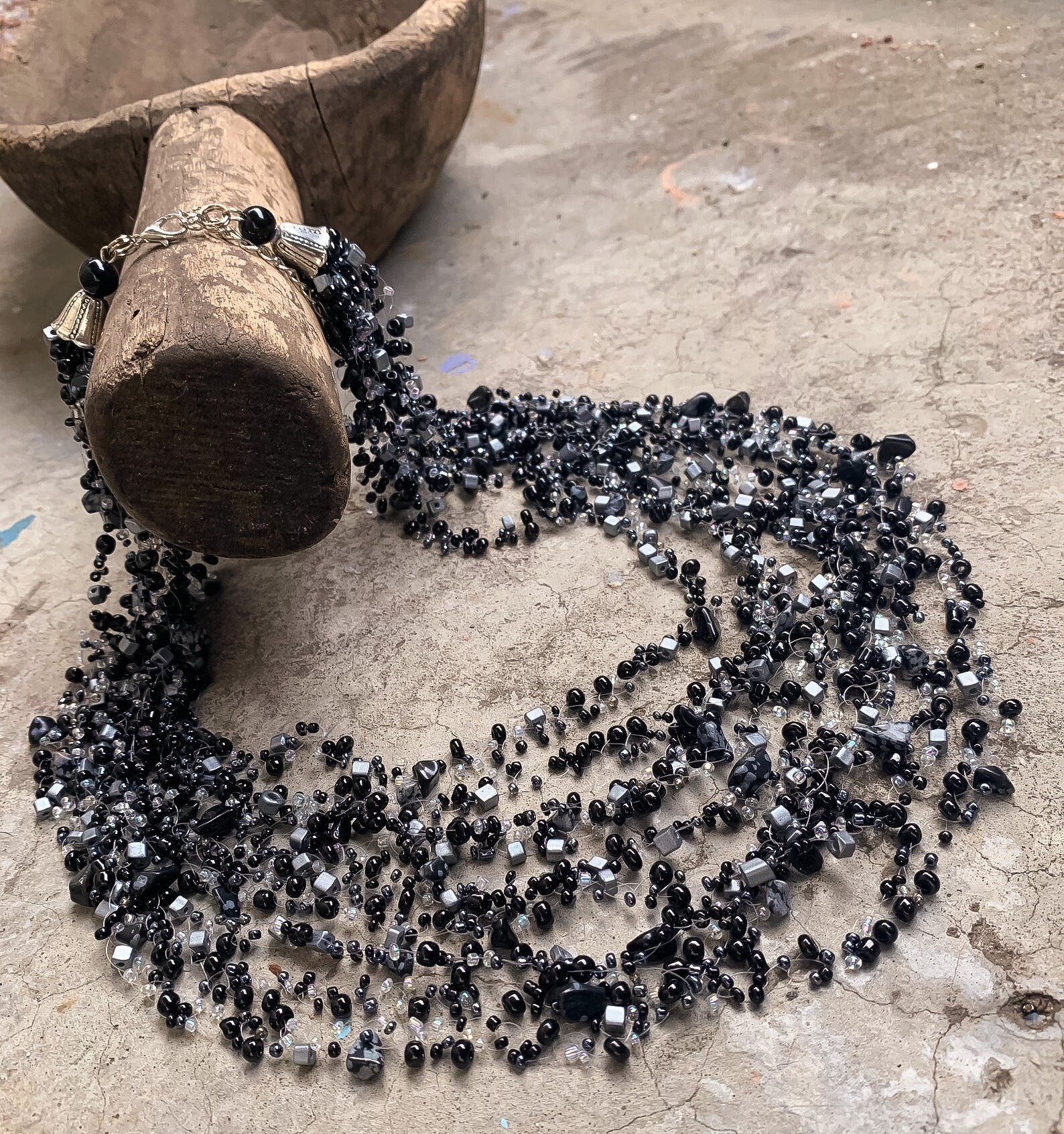 DIY KIT to Make Airy Bead Crochet Necklace - Black Silver Multistrand ...