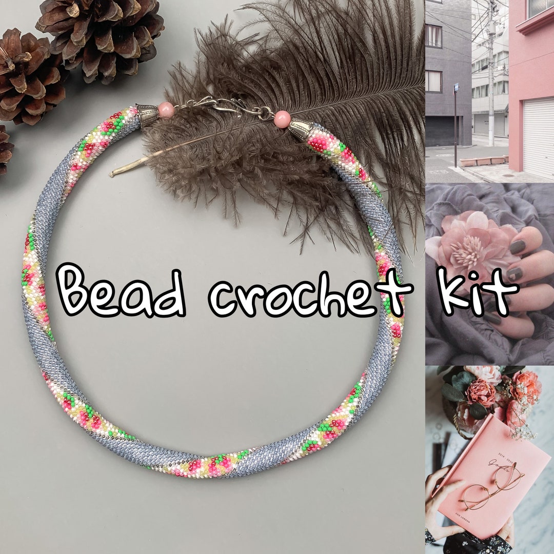 DIY Tea Rose Bead Crochet Rope Necklace Kit - Gray Pink Flower Pattern ...