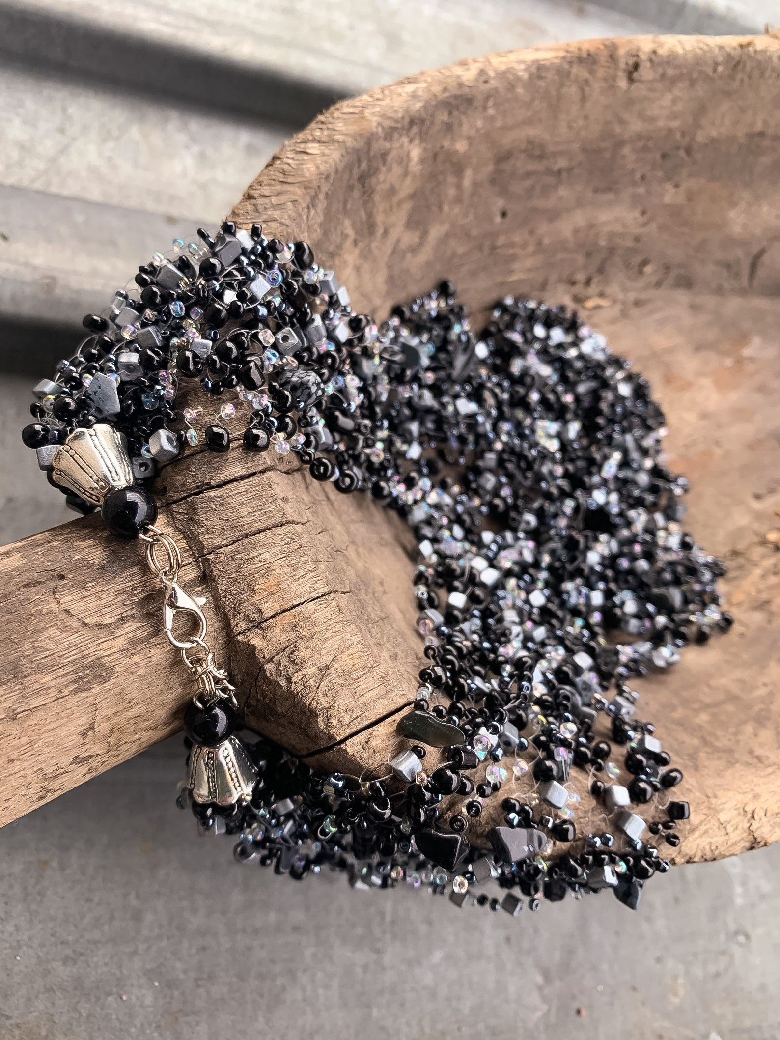 DIY KIT to Make Airy Bead Crochet Necklace - Black Silver Multistrand ...