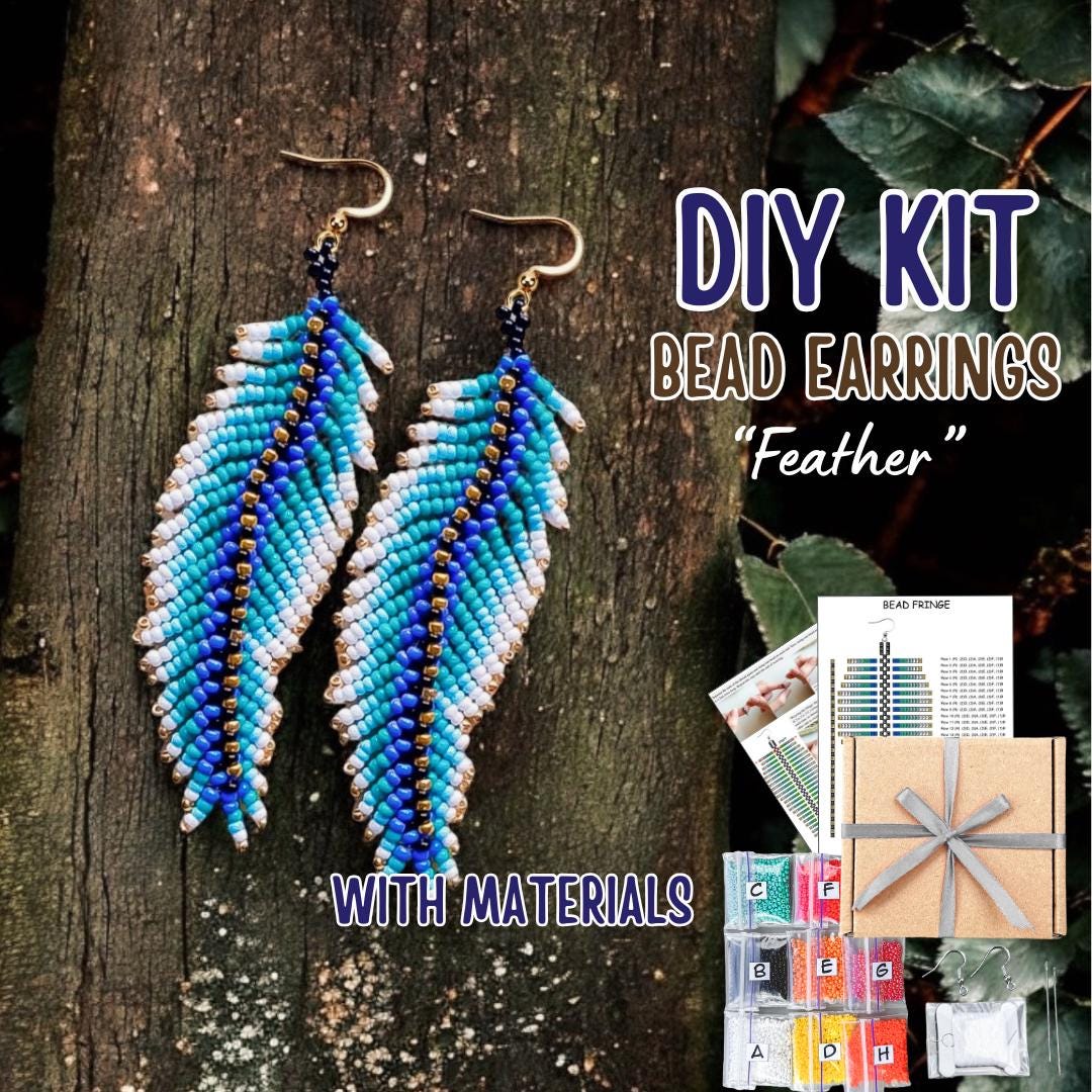 DIY Feather Seed Bead Earrings Kit, Blue Indian Style Beaded Earrings ...