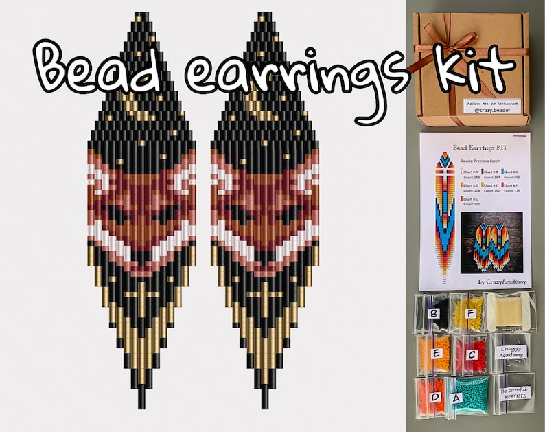 DIY Kit Black Gold Moon Fox Fringe Beading Earrings, Wild Animal Fox ...