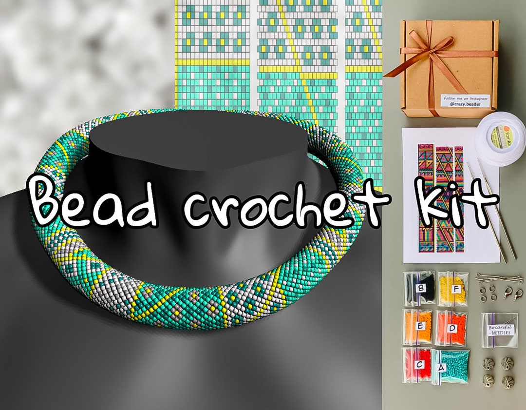DIY Bead Crochet Rope Necklace Kit - Emerald White Patchwork Pattern ...
