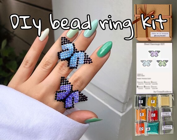 DIY Kit 2pcs Blue and Purple Bead Butterfly Ring Making Handmade Beaded Statement Ring Kit Seed Bead Butterfly Ring Ring Jewelry Pattern Etsy