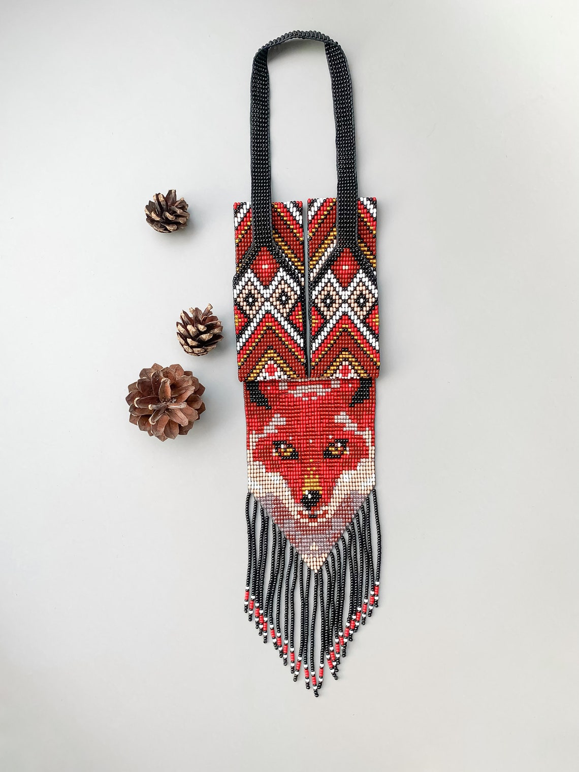 DIY Kit Native Red Fox Beaded Gerdan Pattern - Red Loom Bead Necklace ...