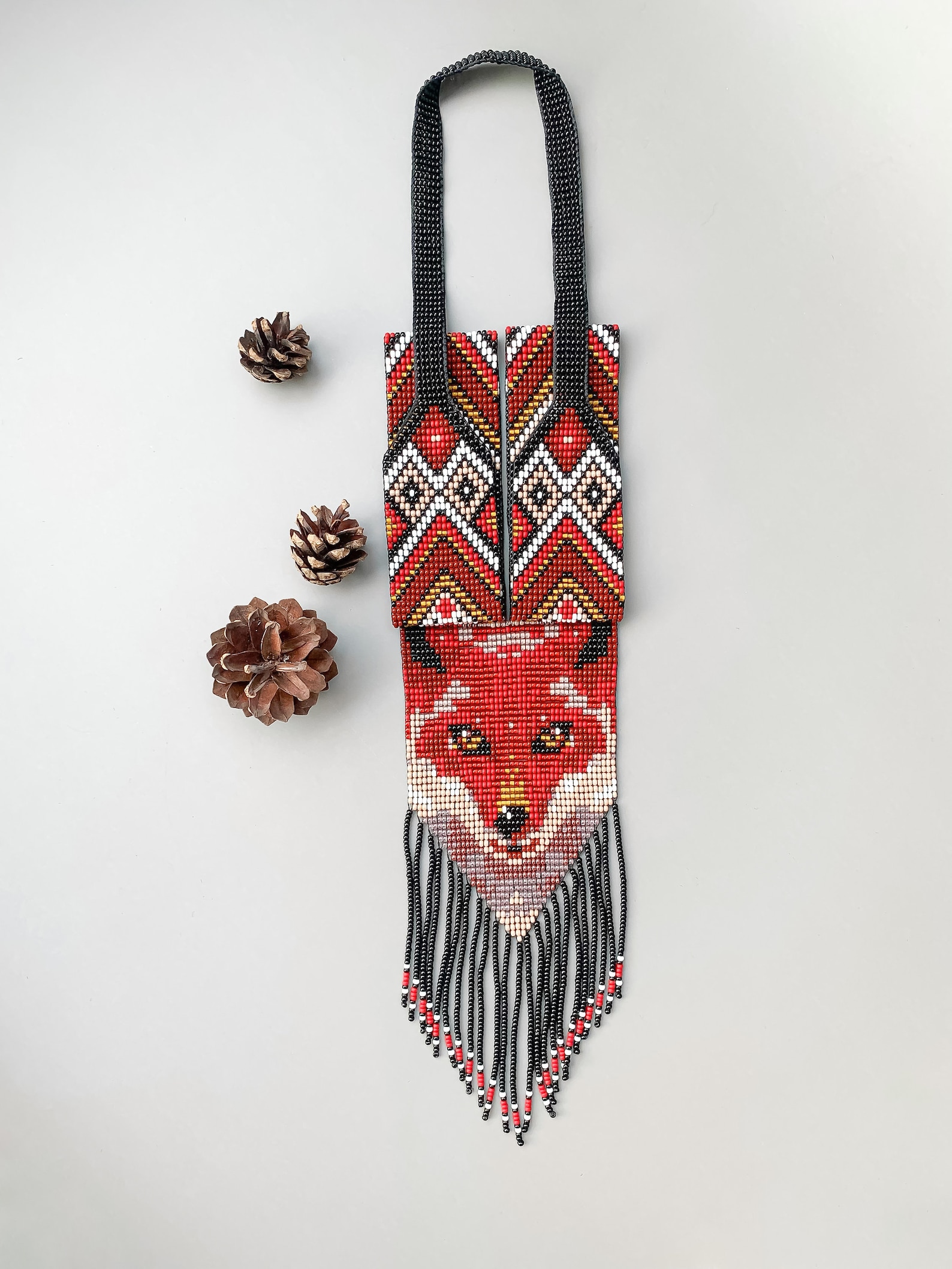 DIY Kit Native Red Fox Beaded Gerdan Pattern Red Loom Bead Necklace ...