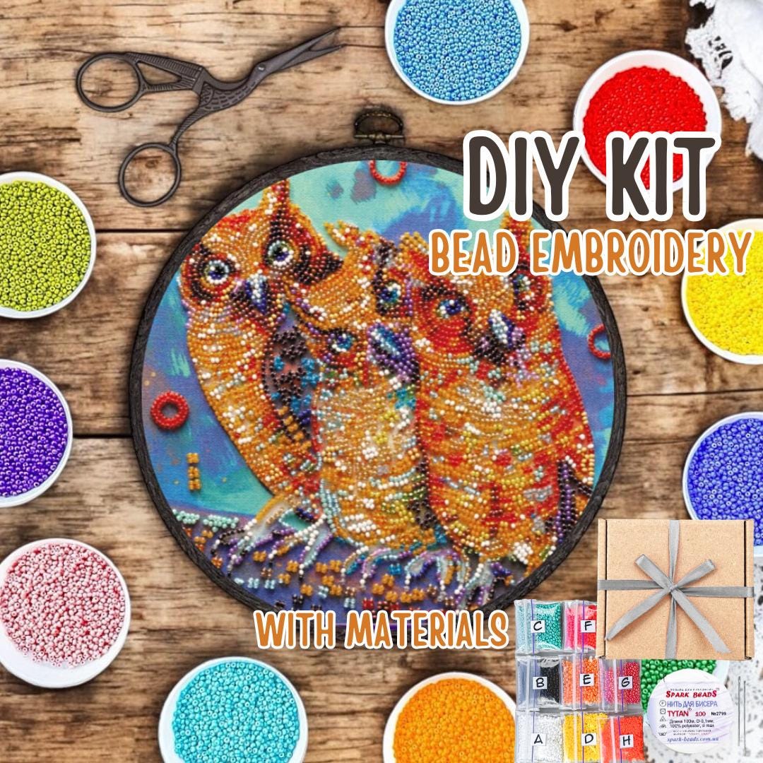 DIY Bead Owls Embroidery Kit on Art Canvas, Owl Needlepoint Craft Kit ...