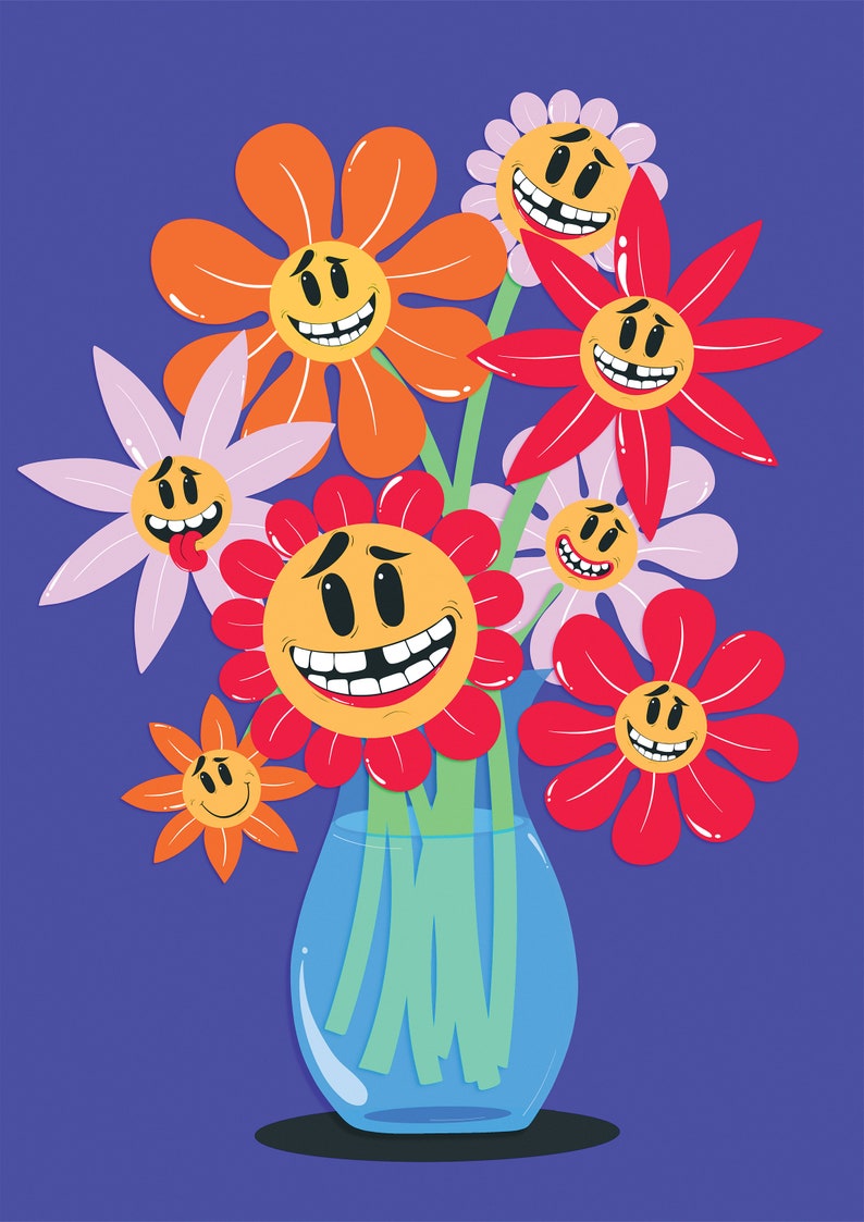 Illustrated Smiley Flower Art Print - Etsy