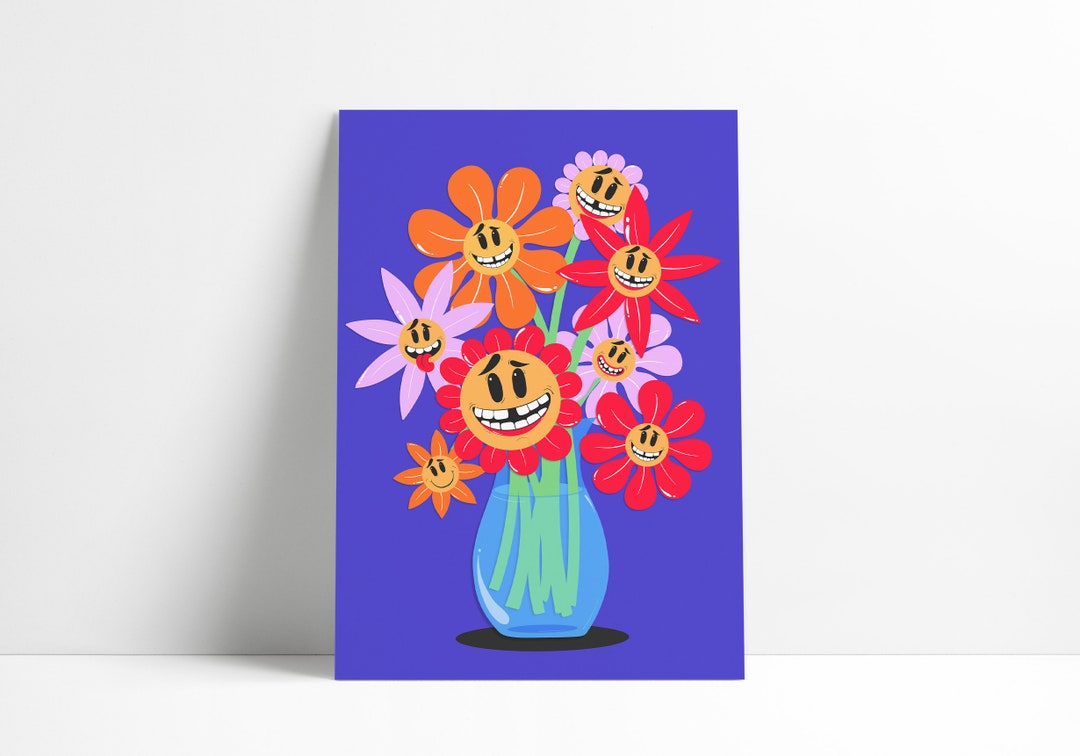 Illustrated Smiley Flower Art Print - Etsy