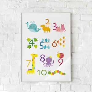 Animal Number Poster Colorful Number Print Nursery Wall | Etsy